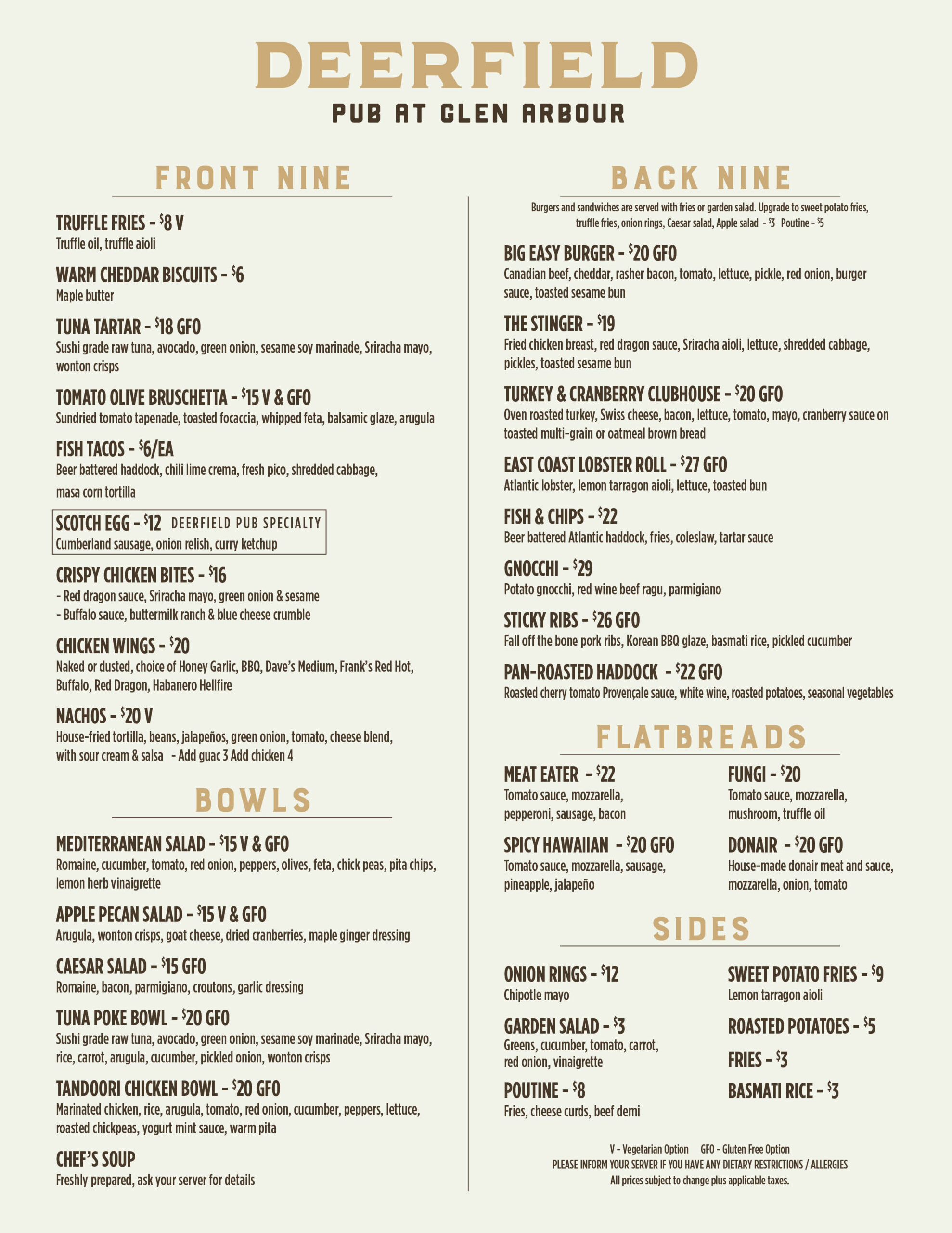 Menus - Deerfield Pub at Glen Arbour